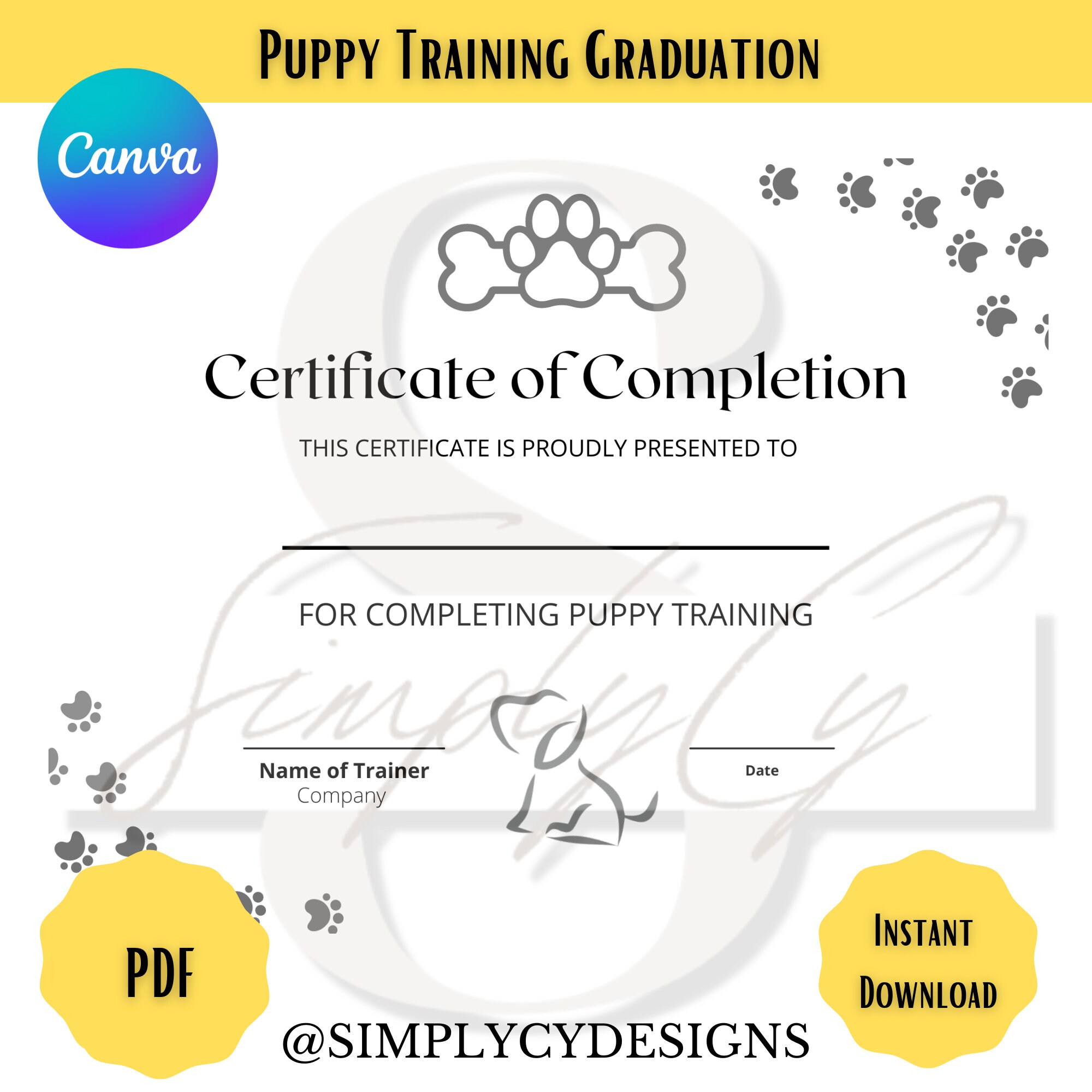 Puppy Graduation Certificate - Printable PDF, CANVA Template Puppy ...