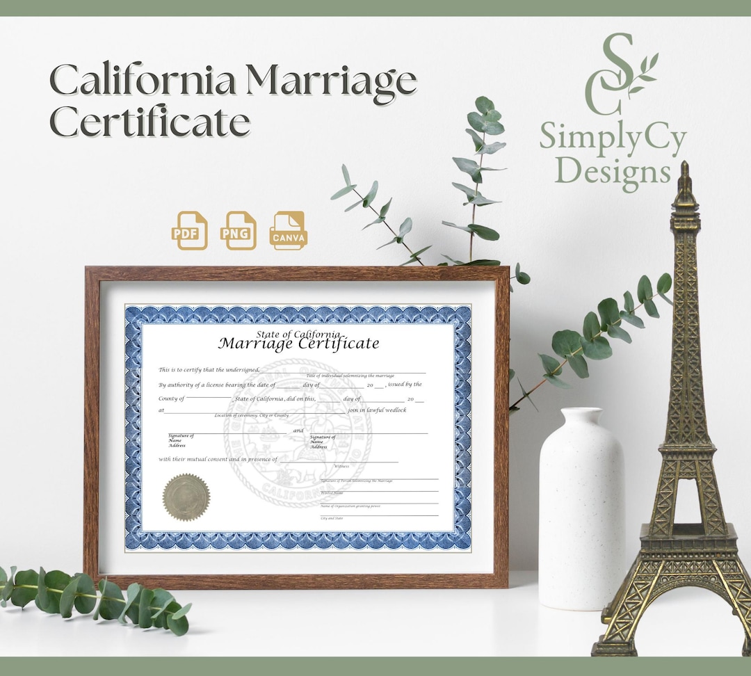 California Marriage Certificate Template, Printable Wedding Certificate ...