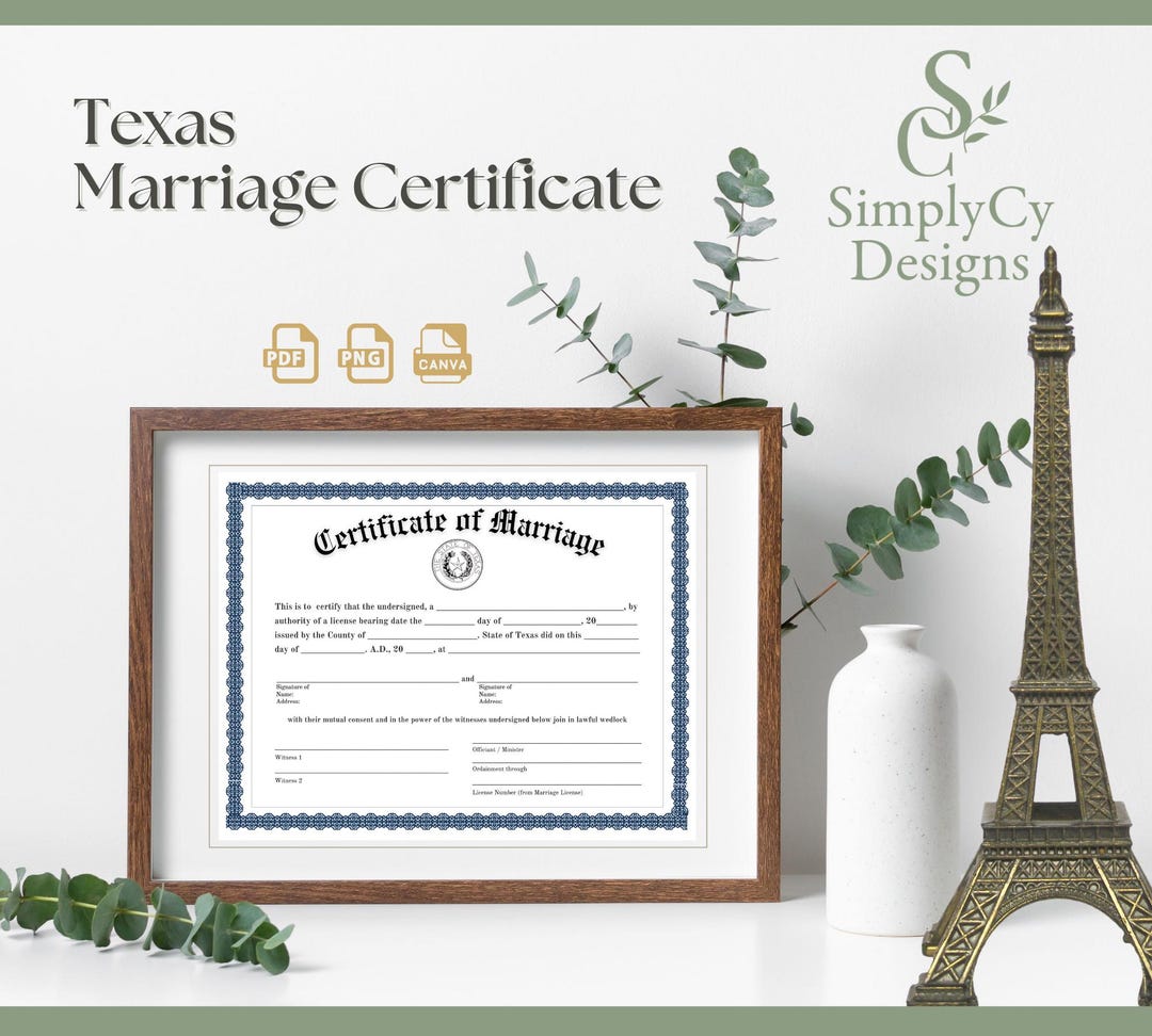 Texas Marriage Certificate Printable – Editable Wedding Keepsake With ...