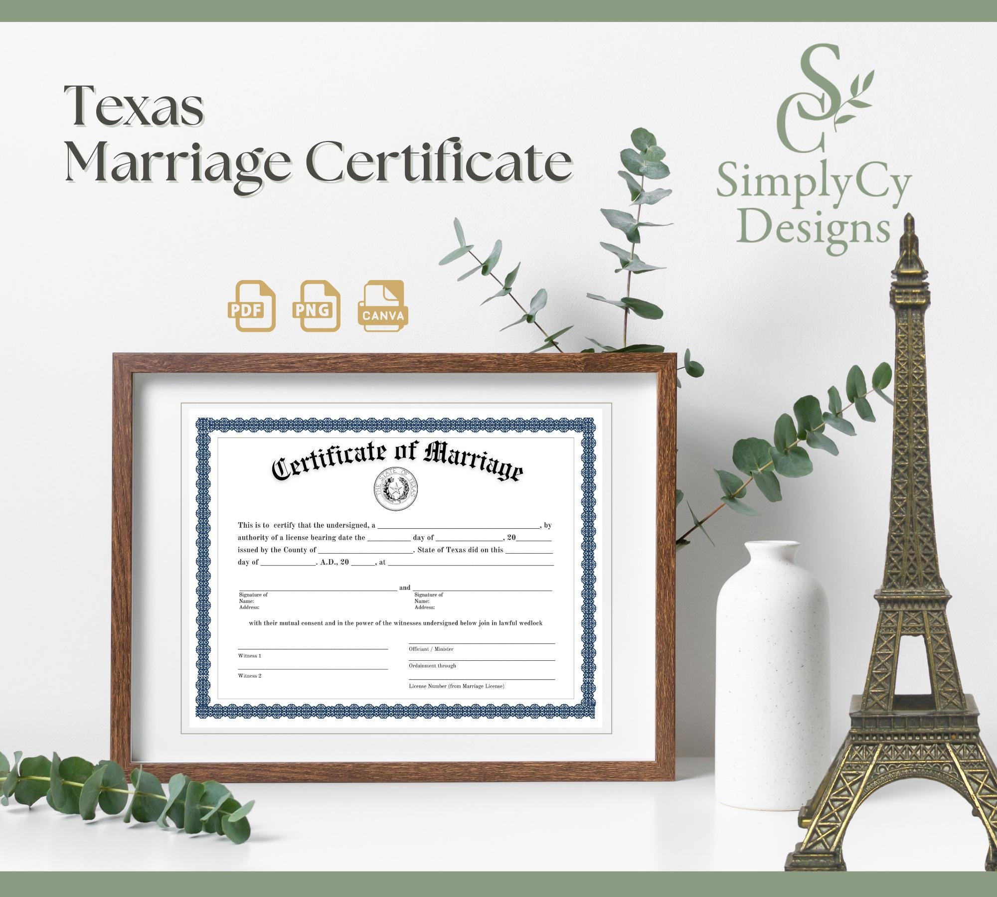 Texas Marriage Certificate Printable – Editable Wedding Keepsake With ...