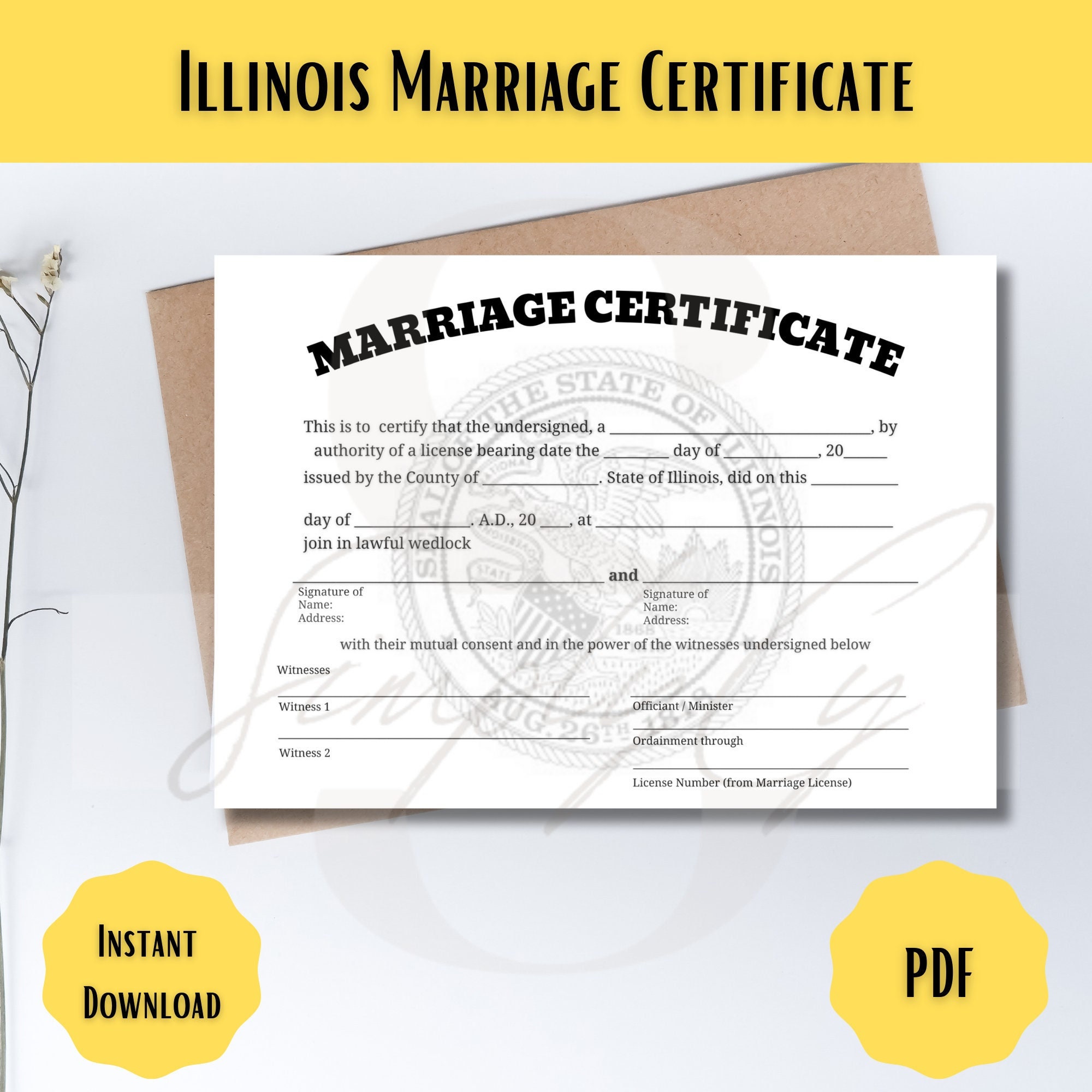 Illinois Commemorative Marriage Certificate, Digital Download, Illinois ...