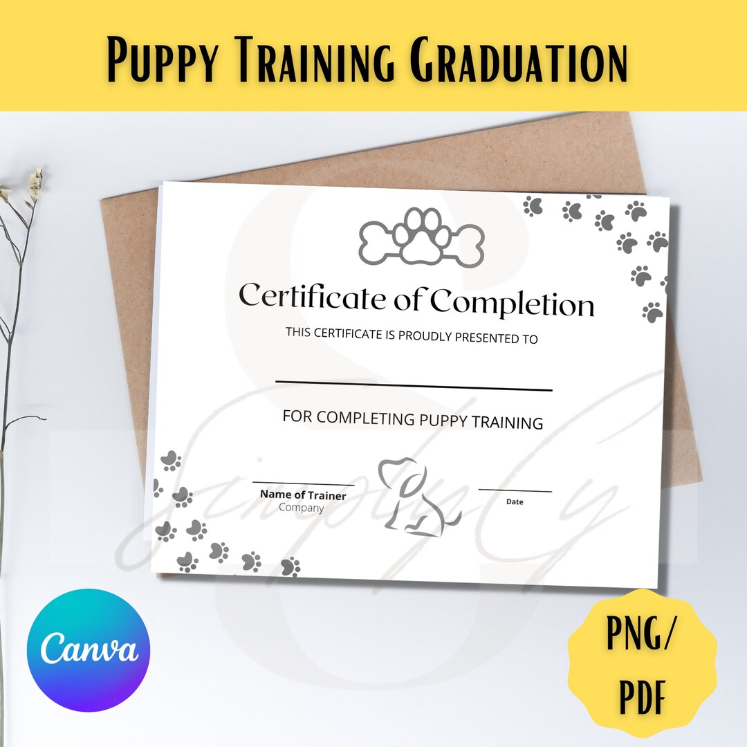 Puppy Graduation Certificate - Printable PDF, CANVA Template Puppy ...