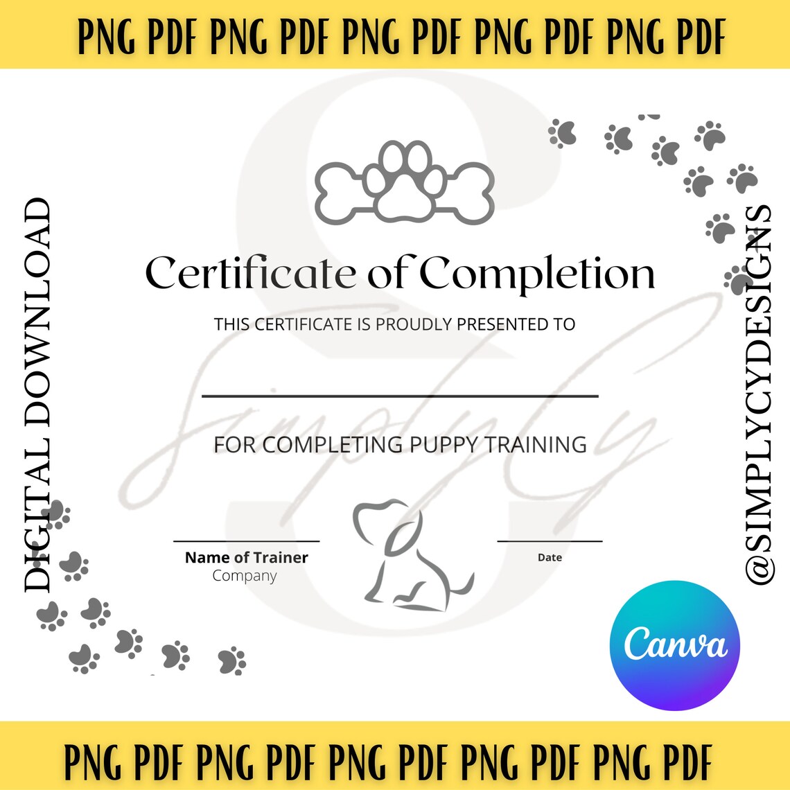 Puppy Graduation Certificate - Printable PDF, CANVA Template Puppy ...