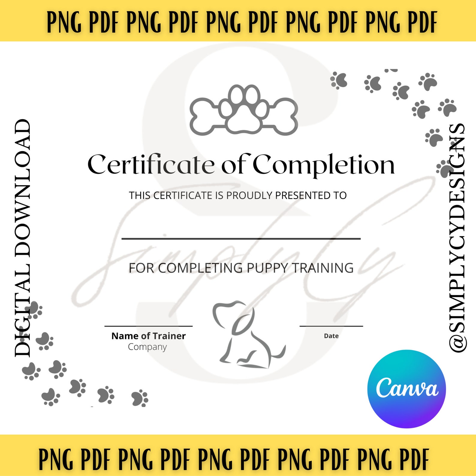 Puppy Graduation Certificate - Printable PDF, CANVA Template Puppy ...