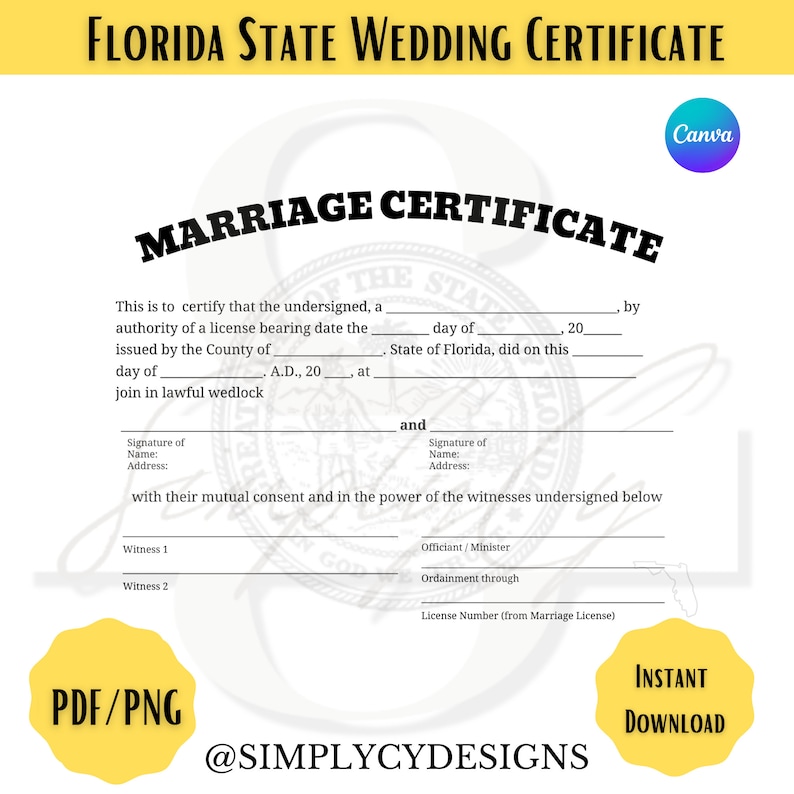 Florida Marriage Certificate With State Seal, Downloadable Wedding ...