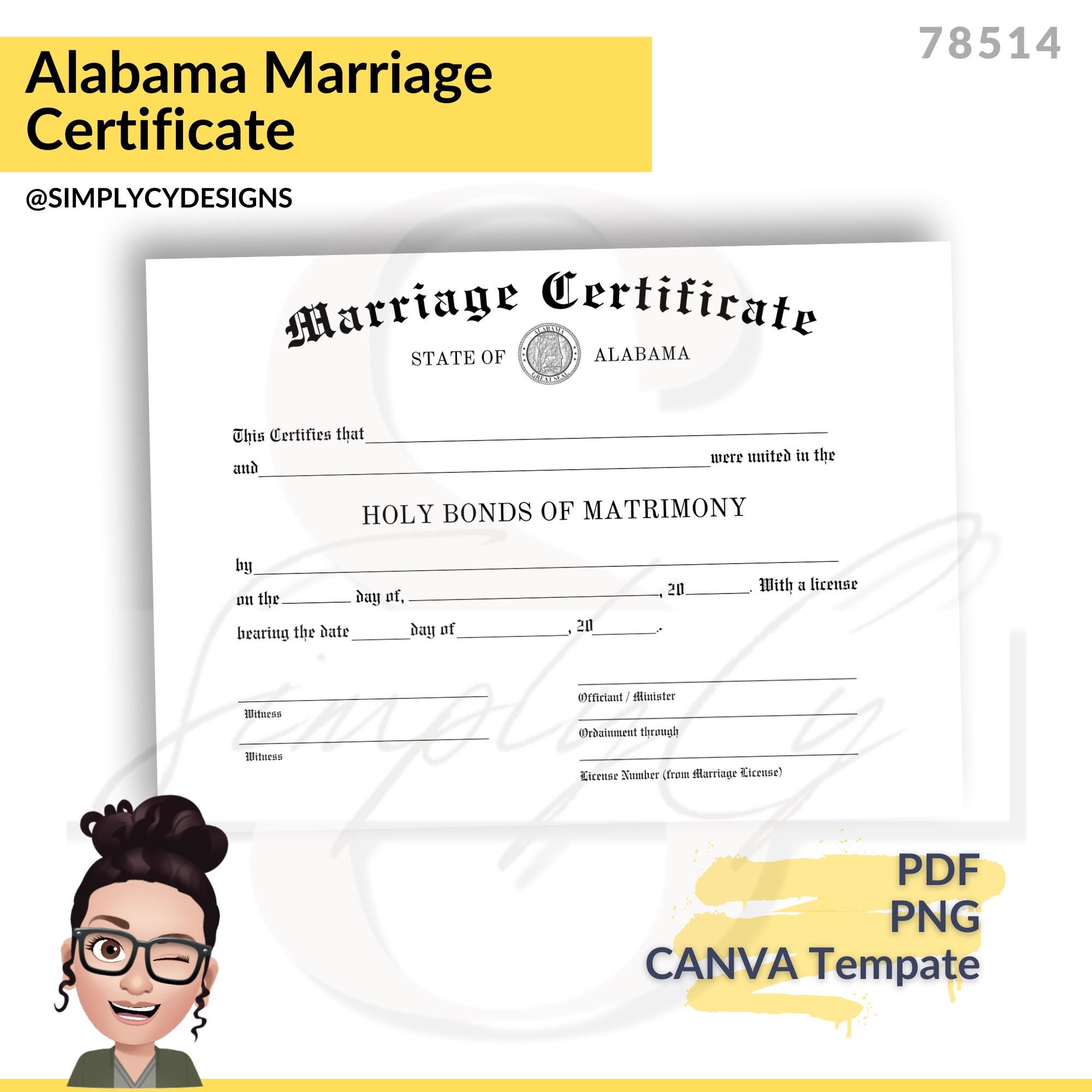 State of Alabama Marriage Certificate | Editable Canva Template | PDF ...