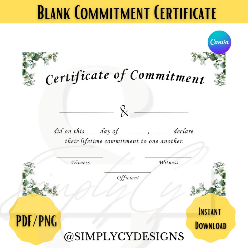 Commitment Ceremony Certificate Template - Digital Download, Blank ...