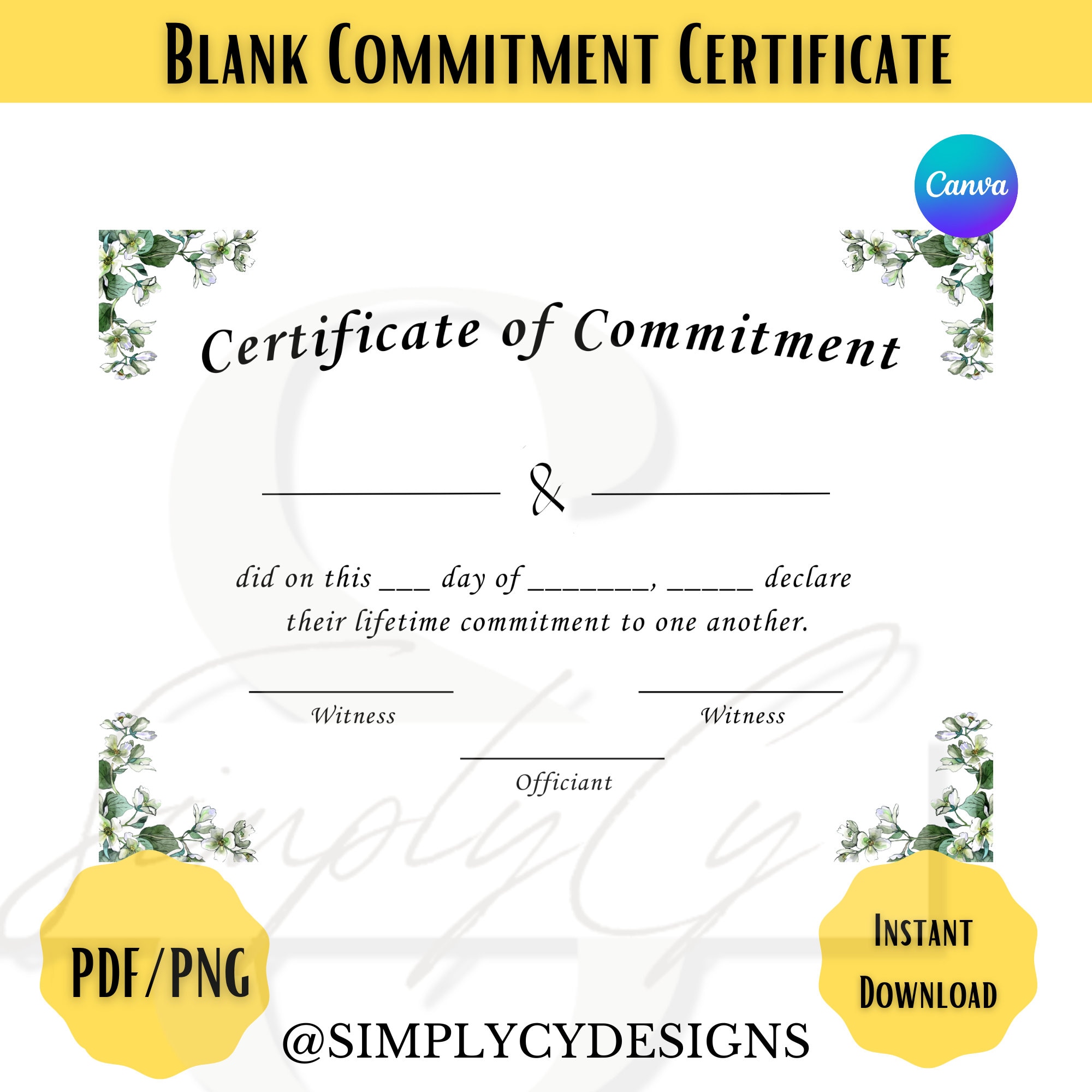 Commitment Ceremony Certificate Template - Digital Download, Blank ...