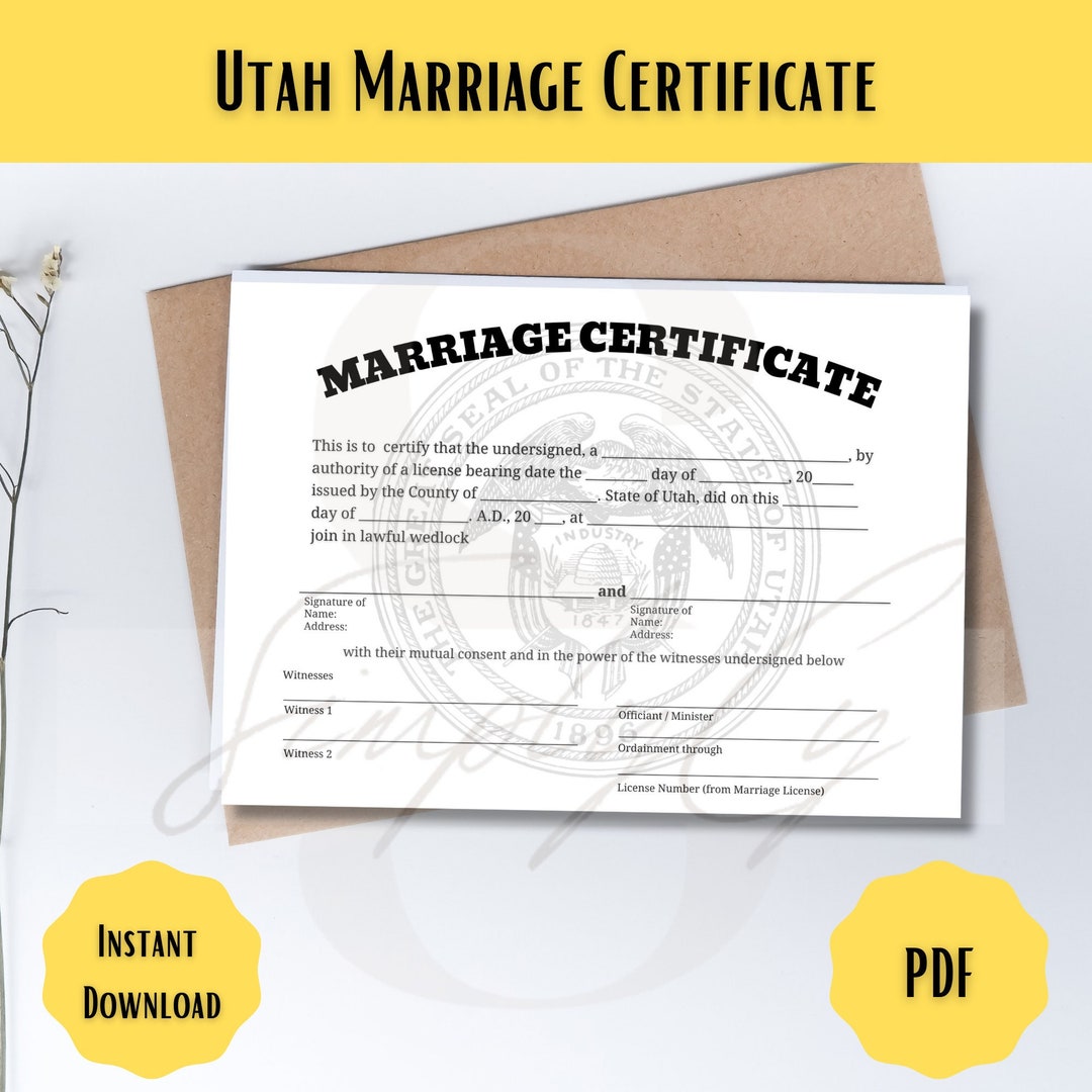 Utah Commemorative Marriage Certificate, Digital Download, Utah Wedding ...