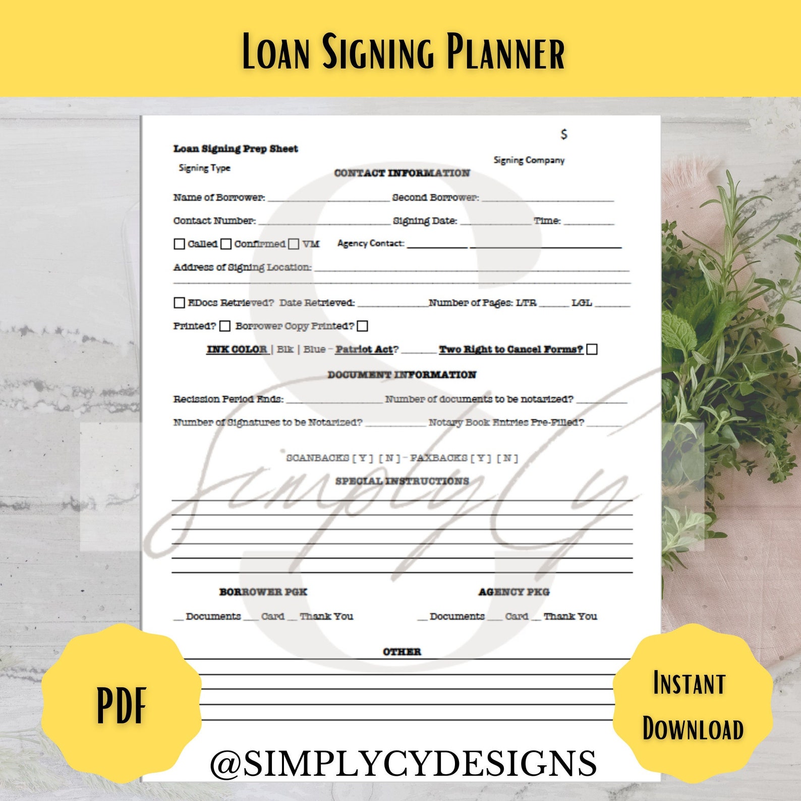 Printable Loan Signing Prep Sheet, Loan Signing Planner, Notary Signing ...