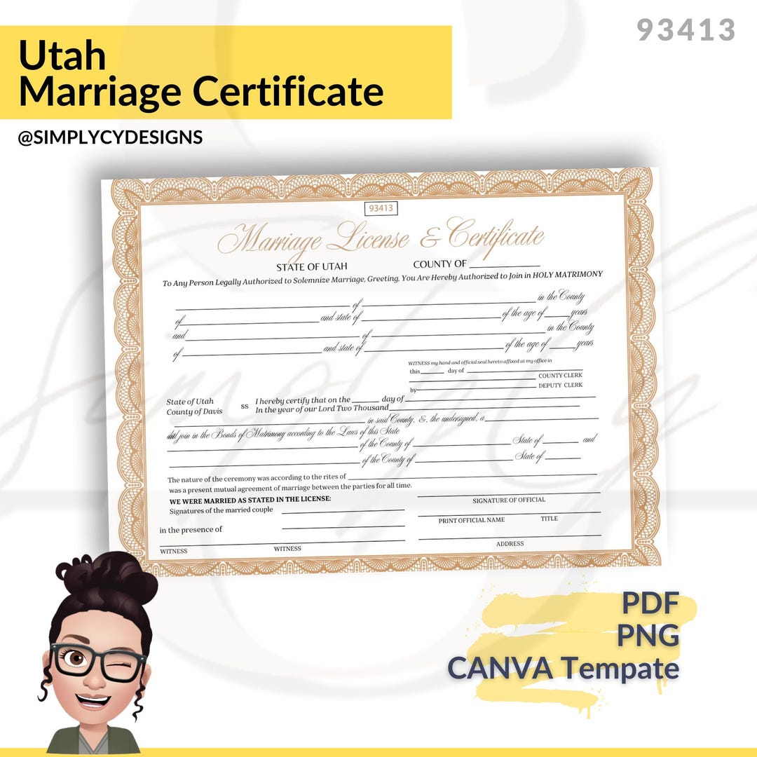 Utah Marriage License, Digital Download, Utah Wedding Certificate ...