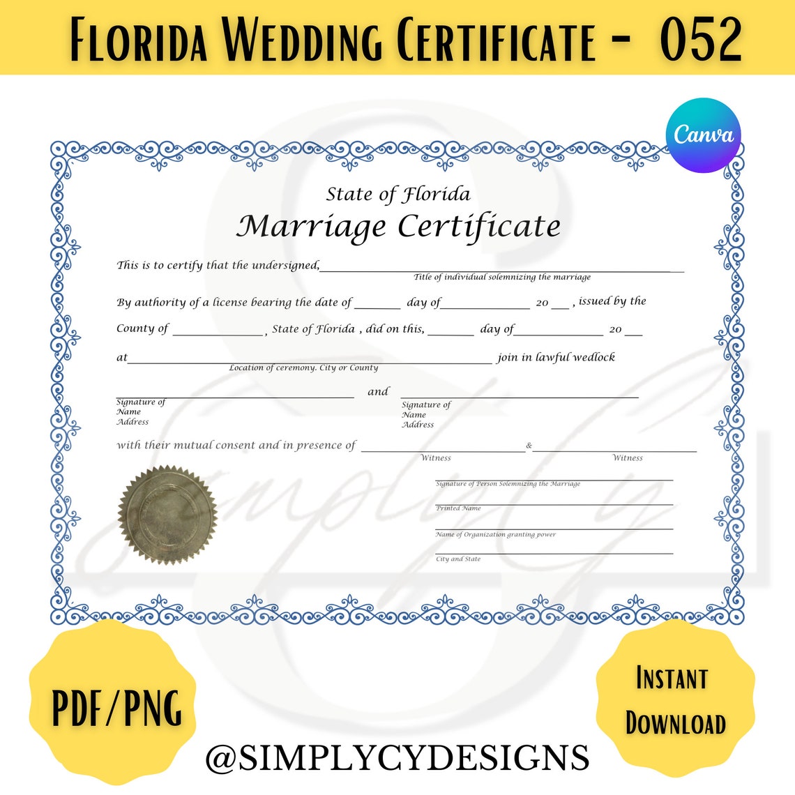 Florida Commemorative Marriage Certificate, Mock Wedding Certificate ...