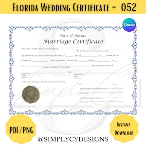 Florida Commemorative Marriage Certificate, Mock Wedding Certificate ...