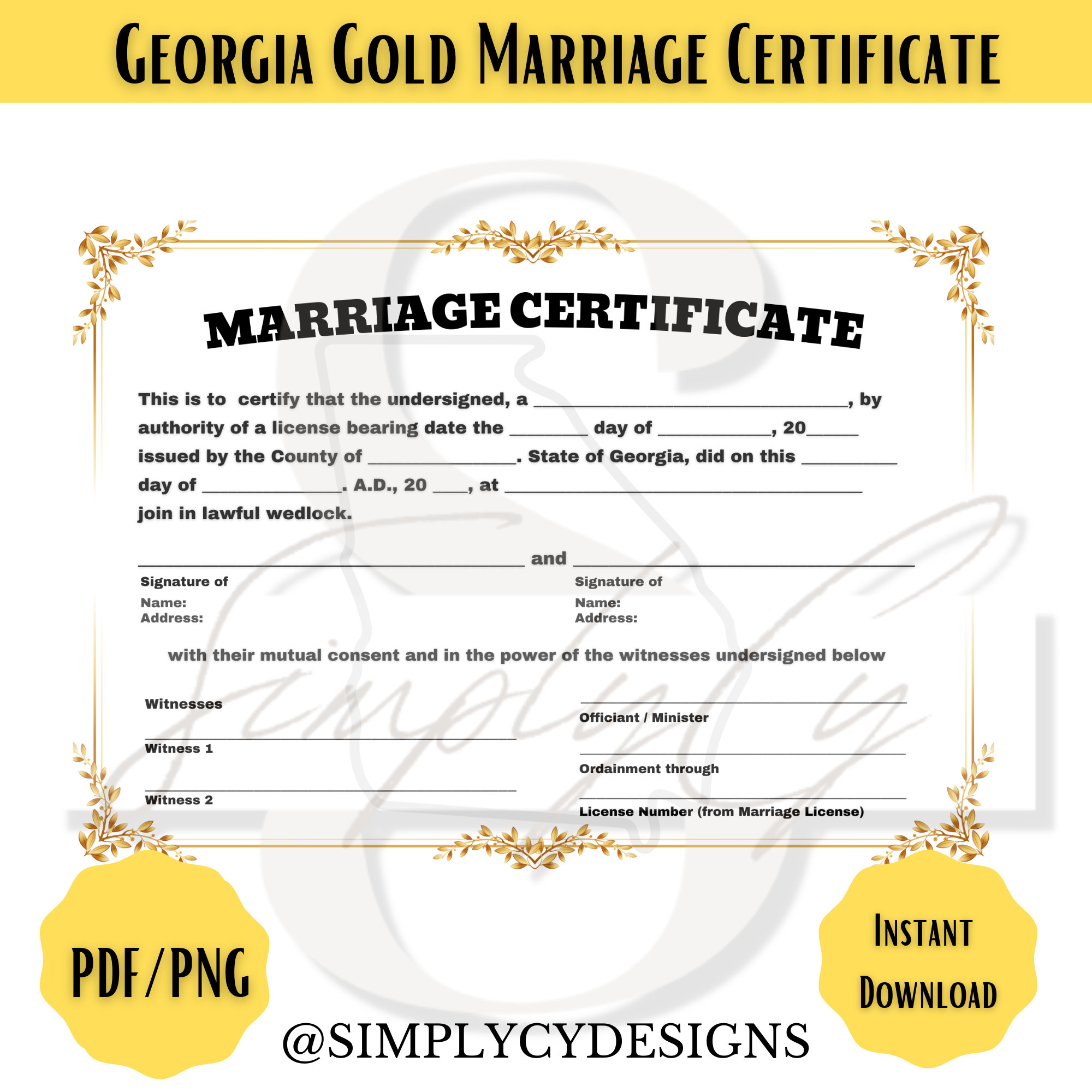 Georgia Gold Commemorative Marriage Certificate, Georgia Gold Wedding ...