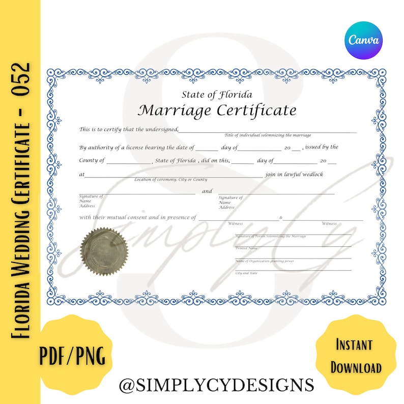 Florida Commemorative Marriage Certificate, Mock Wedding Certificate ...