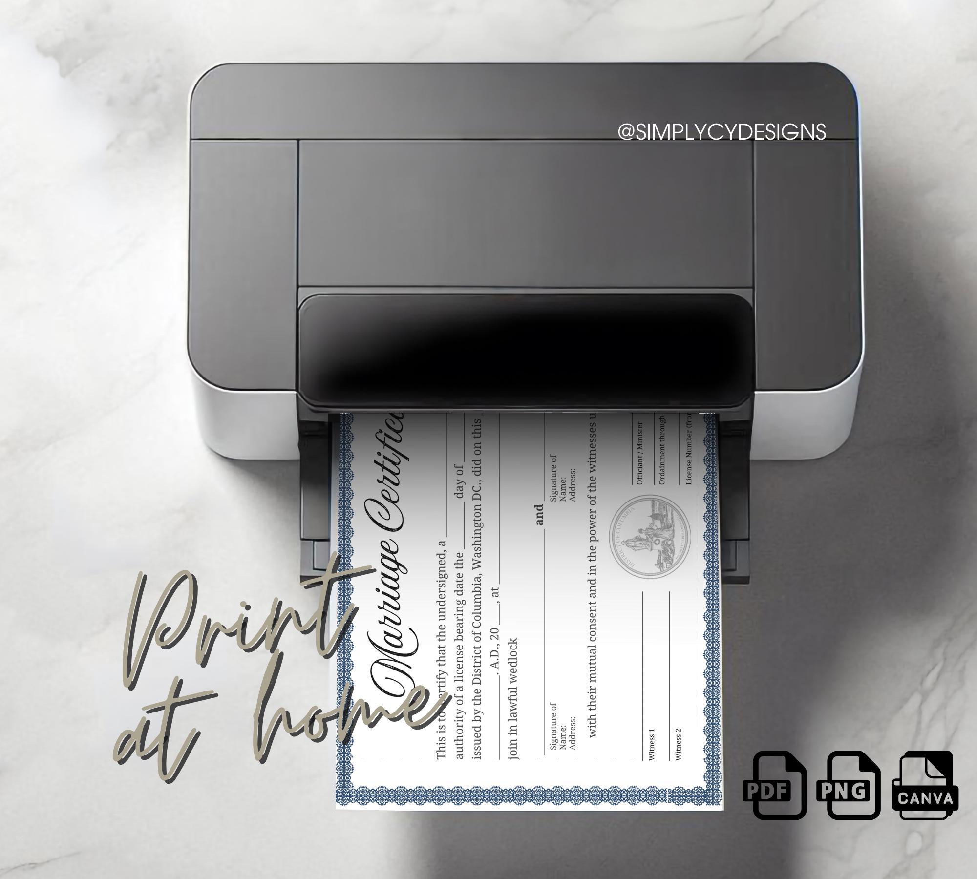 Washington DC Marriage Certificate Printable | Custom Wedding ...