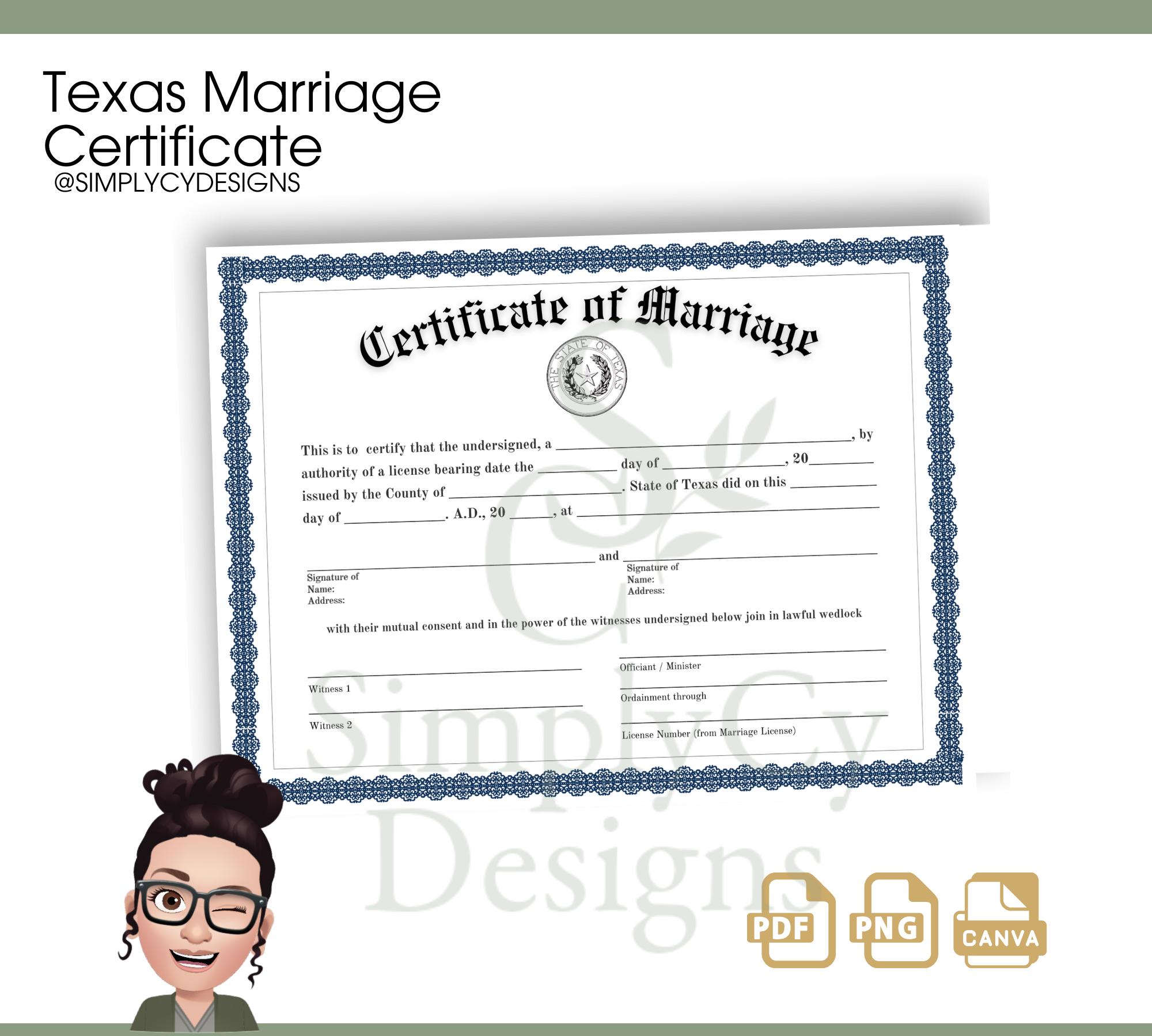 Texas Marriage Certificate Printable – Editable Wedding Keepsake With ...