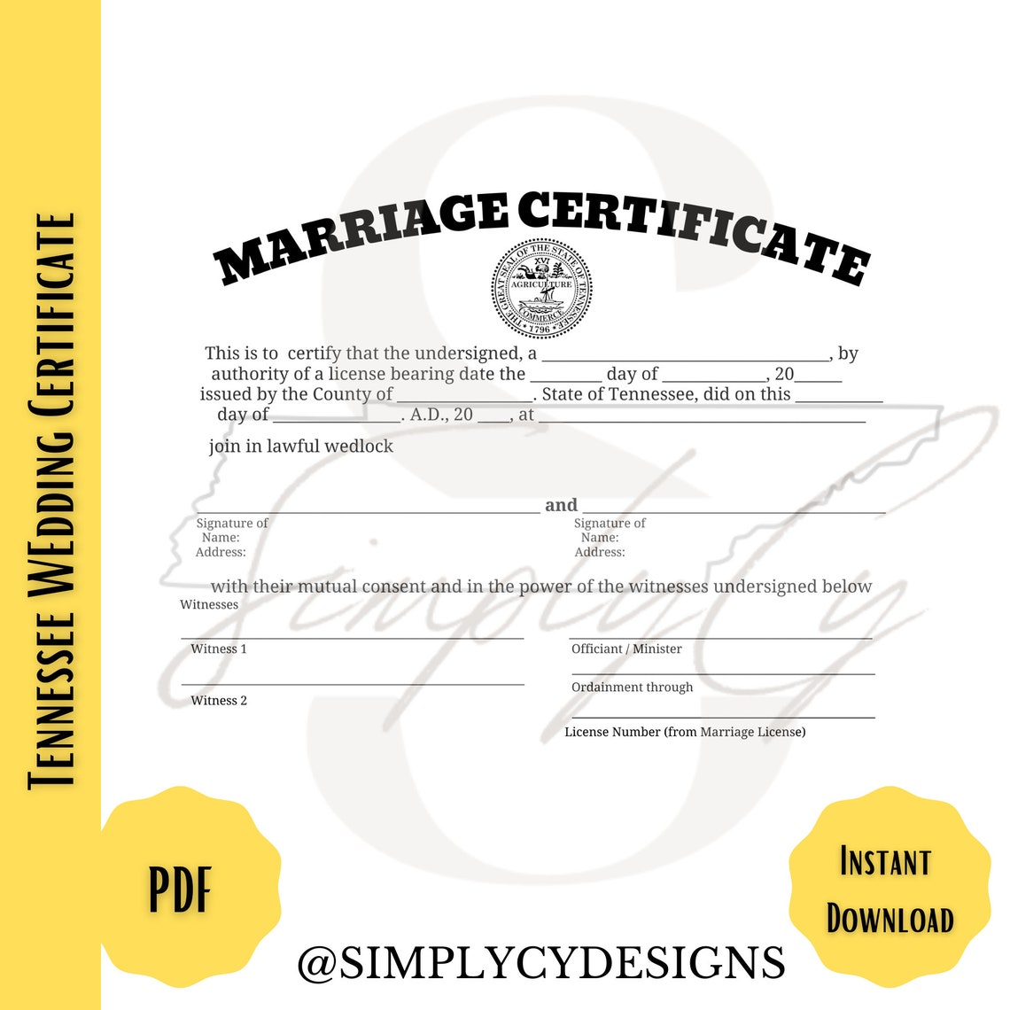 Tennessee Commemorative Marriage Certificate, Digital Download ...