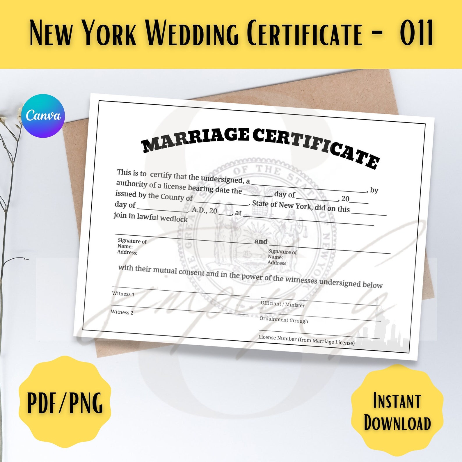 New York Marriage Certificate With Seal and Statue of Liberty Outline ...