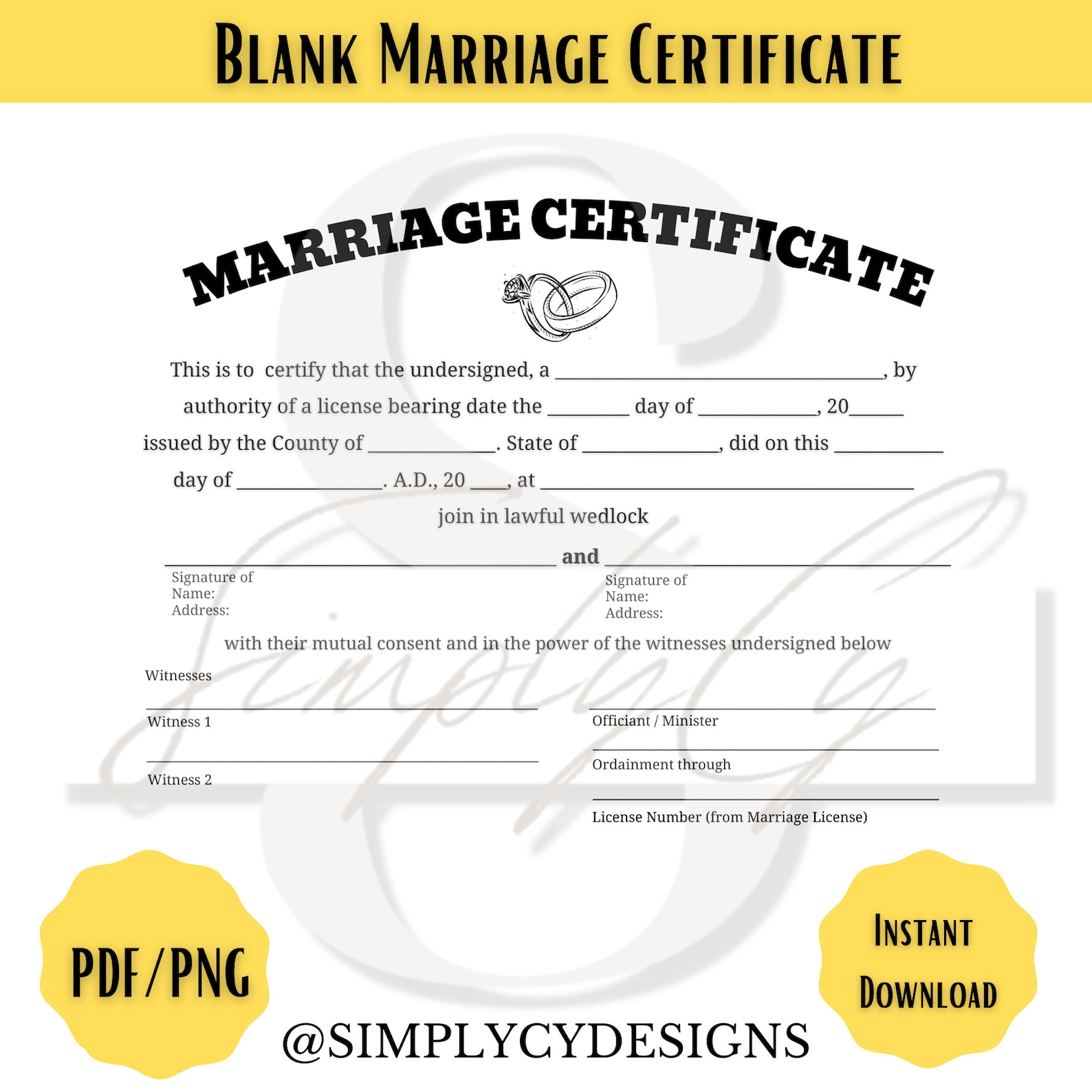 Commemorative Marriage Certificate, Digital Download, Non State ...