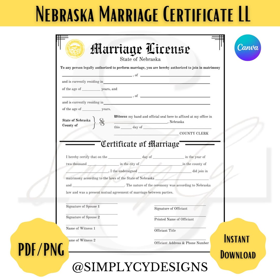 Nebraska Marriage Certificate Template | 8.5x11 Editable Canva Download ...