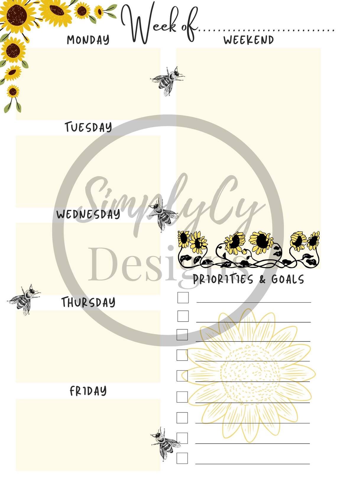 Sunflower Weekly Printable Planner Sheet, Bees and Sunflowers Planner ...