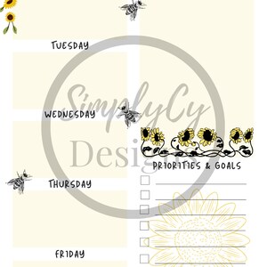 Sunflower Weekly Printable Planner Sheet, Bees and Sunflowers Planner ...