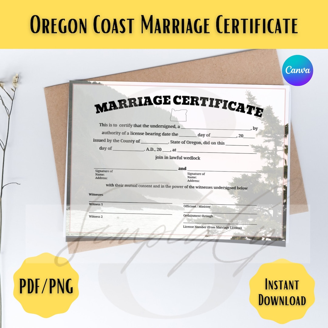 Oregon Coast Marriage Certificate Template - Digital Download With ...