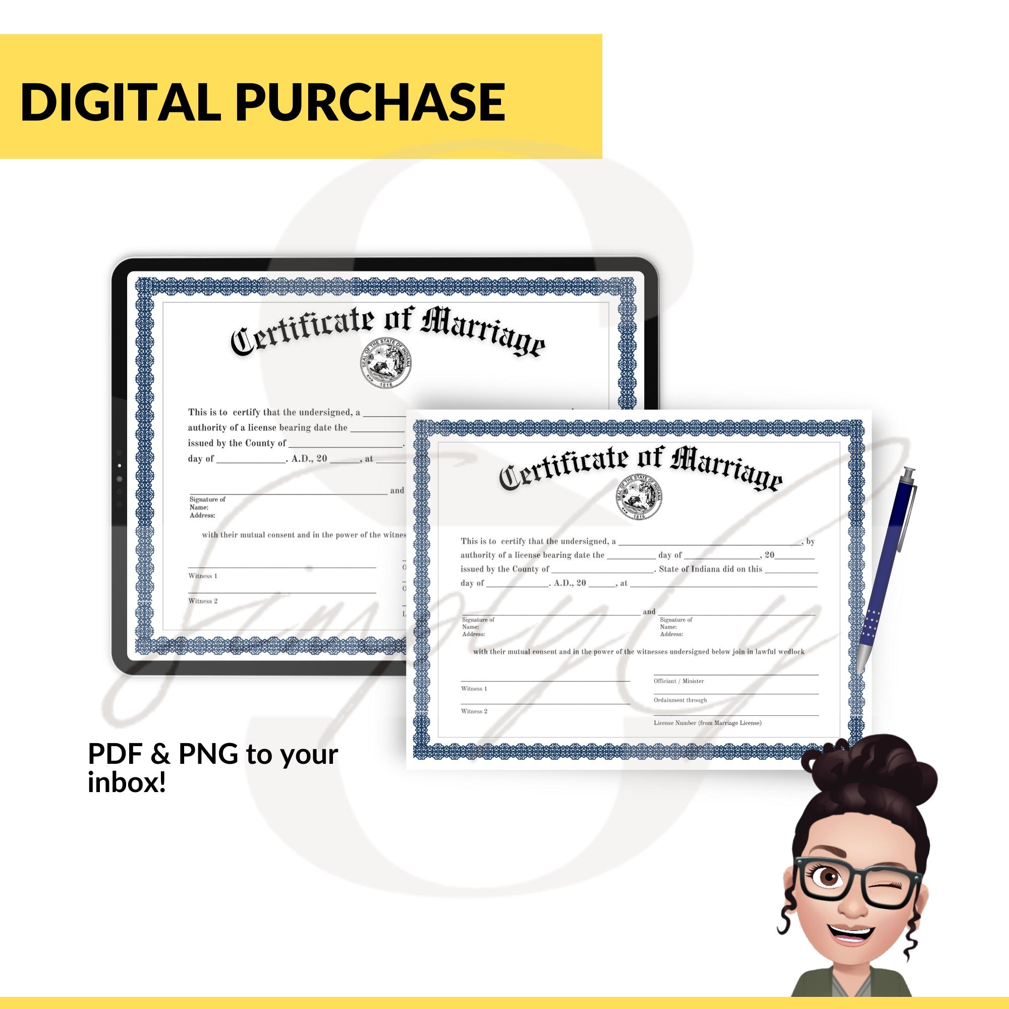 Indiana Marriage Certificate Printable – Customizable Marriage Keepsake ...