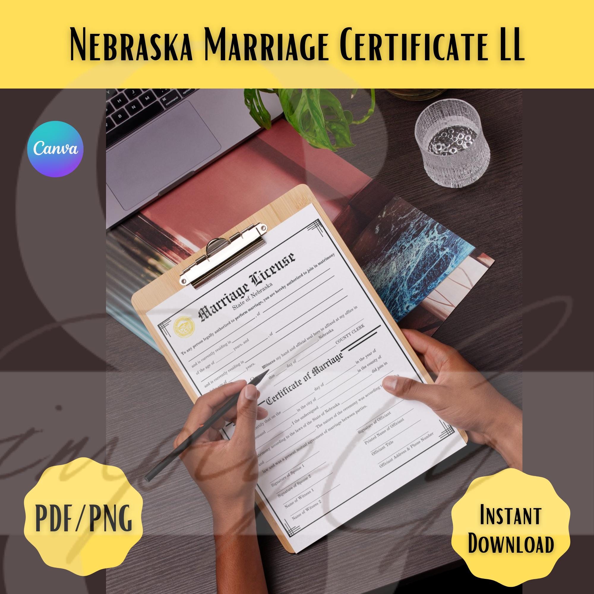 Nebraska Marriage Certificate Template | 8.5x11 Editable Canva Download ...