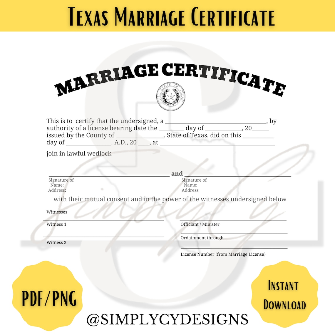 Texas Commemorative Marriage Certificate, Digital Download, Texas ...