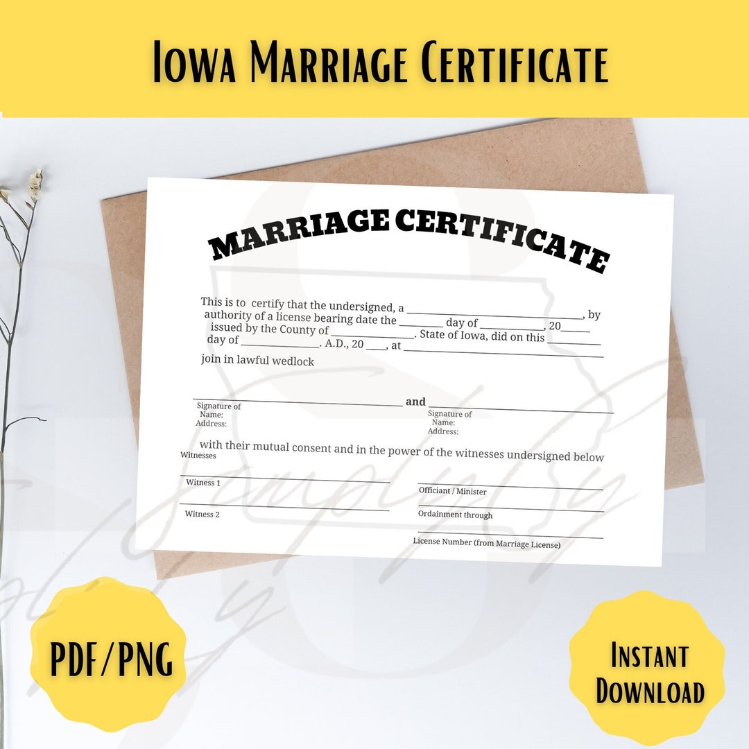 Iowa Commemorative Marriage Certificate, Digital Download, Iowa Wedding ...