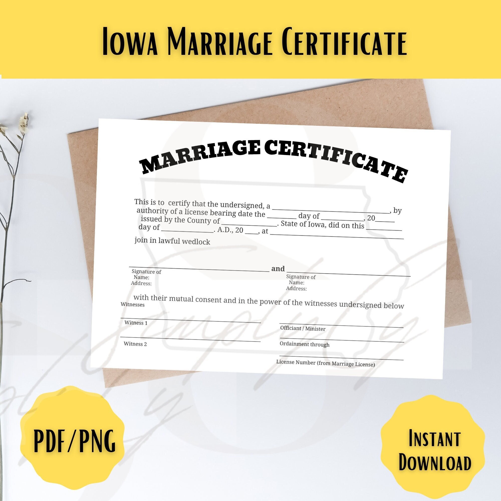 Iowa Commemorative Marriage Certificate, Digital Download, Iowa Wedding ...