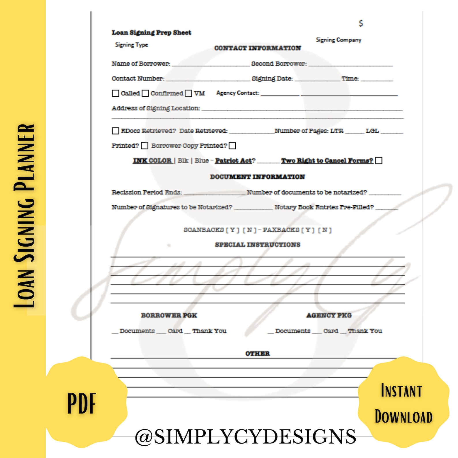 Printable Loan Signing Prep Sheet, Loan Signing Planner, Notary Signing ...