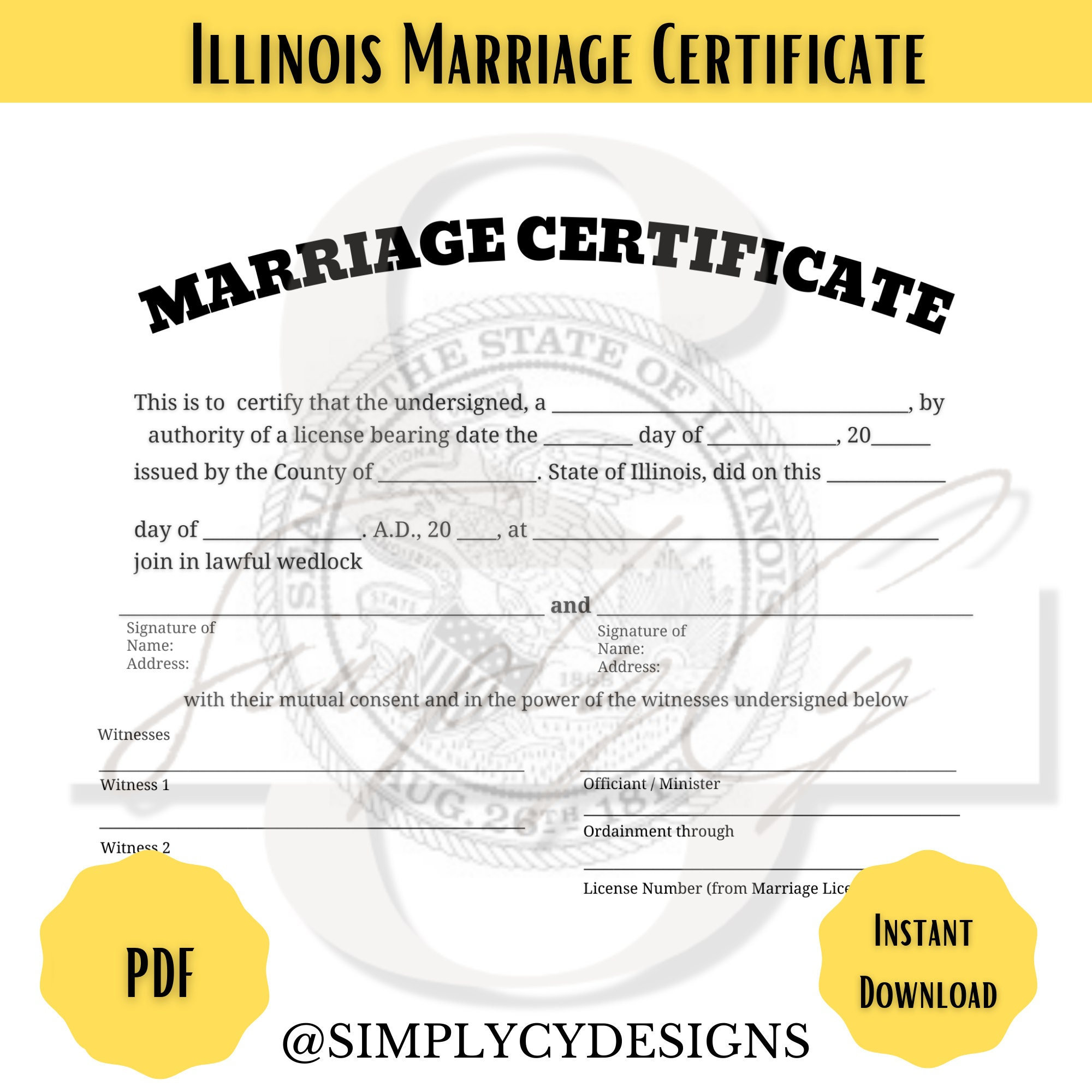 Illinois Commemorative Marriage Certificate, Digital Download, Illinois ...