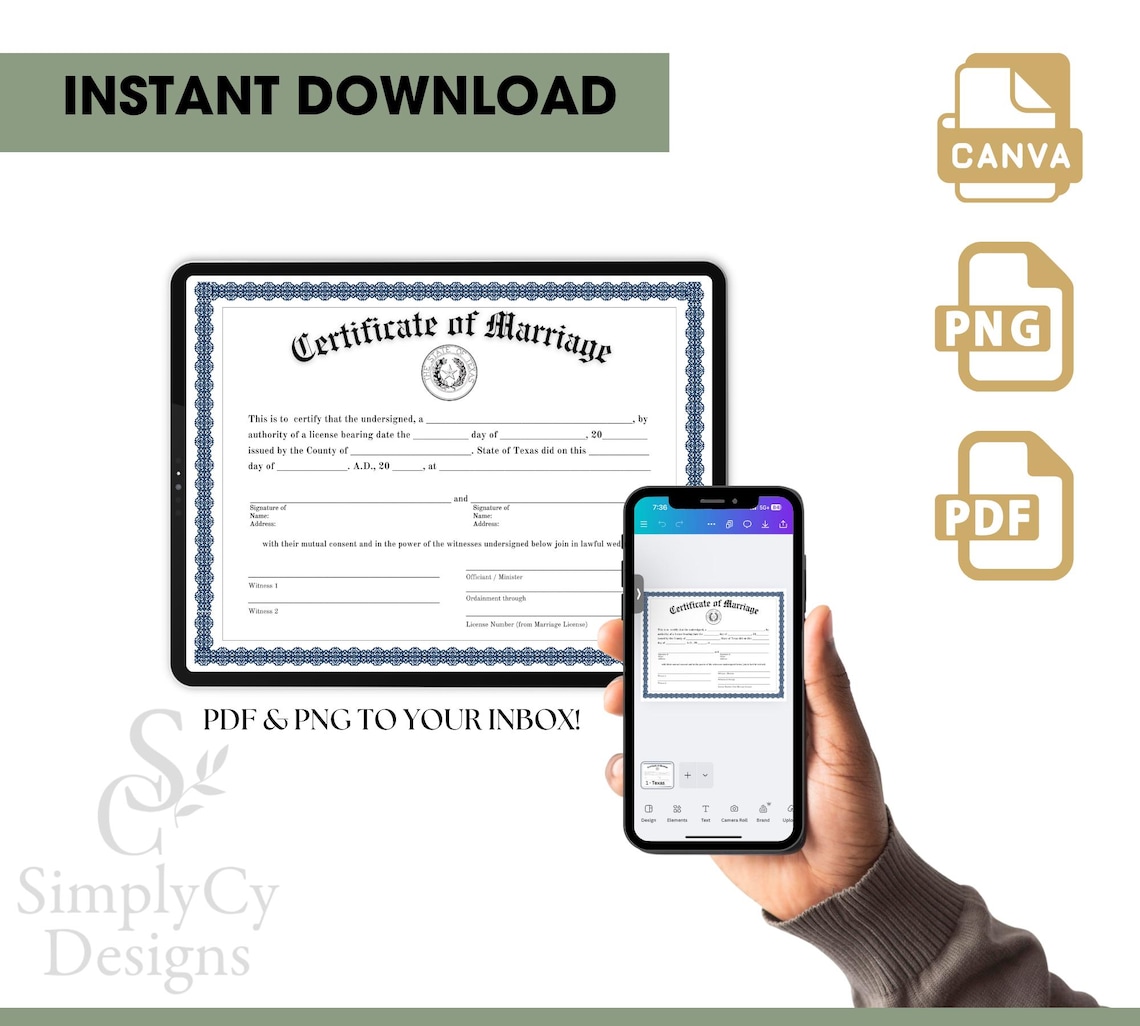 Texas Marriage Certificate Printable – Editable Wedding Keepsake With ...