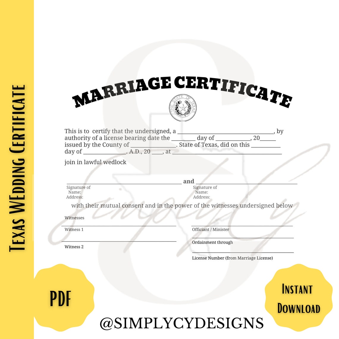 Texas Commemorative Marriage Certificate, Digital Download, Texas ...