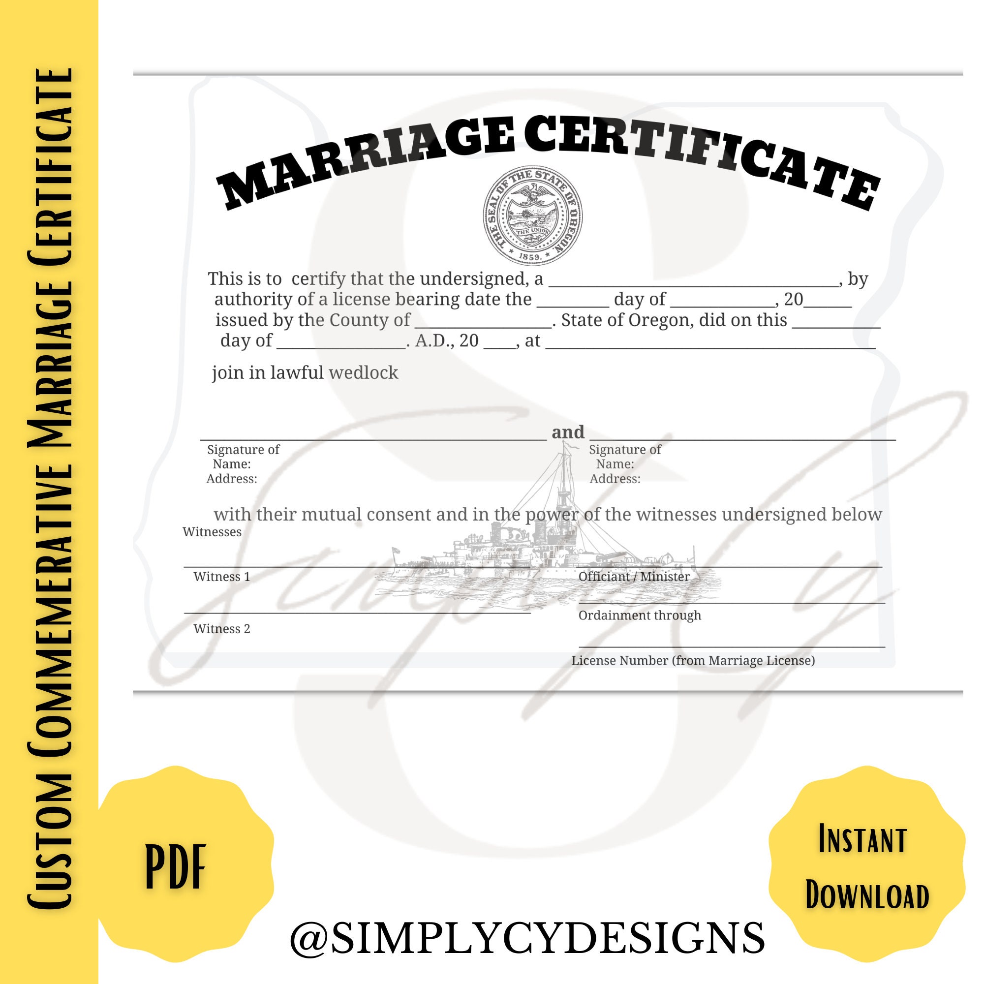 Oregon Commemorative Marriage Certificate, Digital Download, Oregon ...