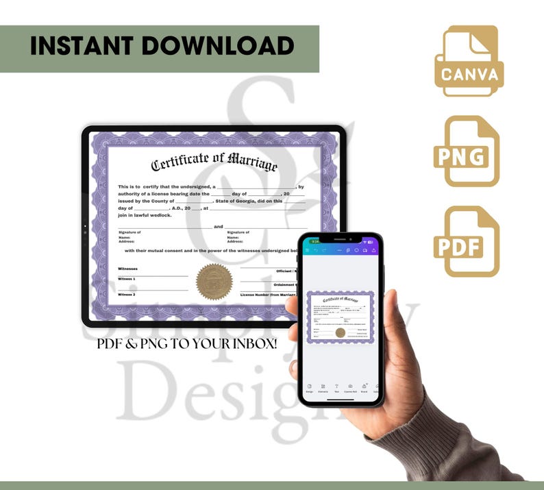 Georgia Marriage Certificate Template, Printable Wedding Certificate ...