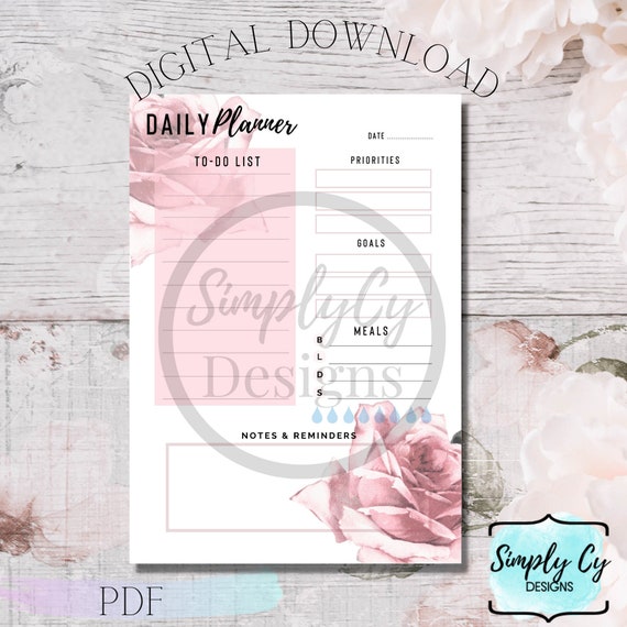 Daily Planner Page Printable A4 to Do List Printable Rose | Etsy