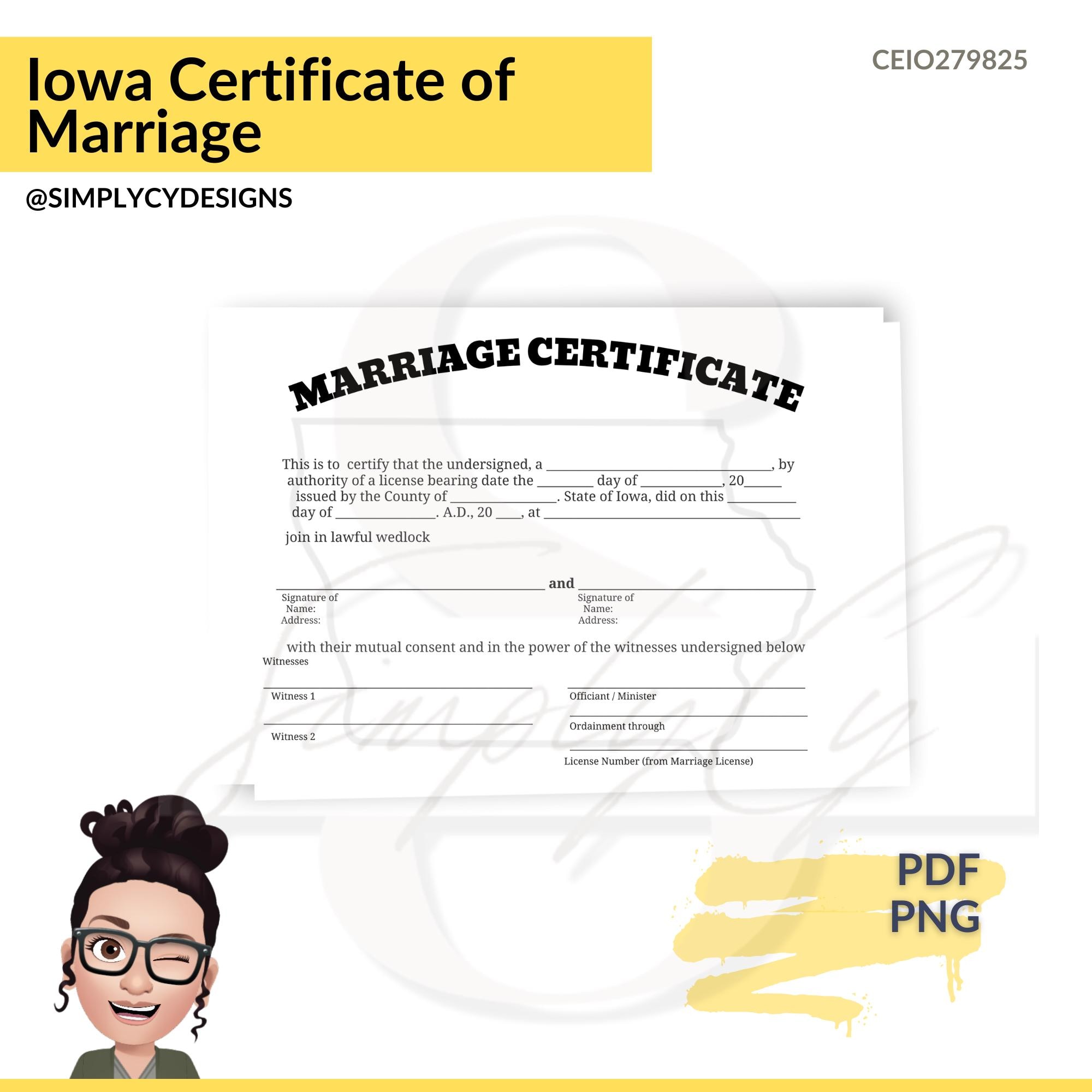 Iowa Commemorative Marriage Certificate, Digital Download, Iowa Wedding ...