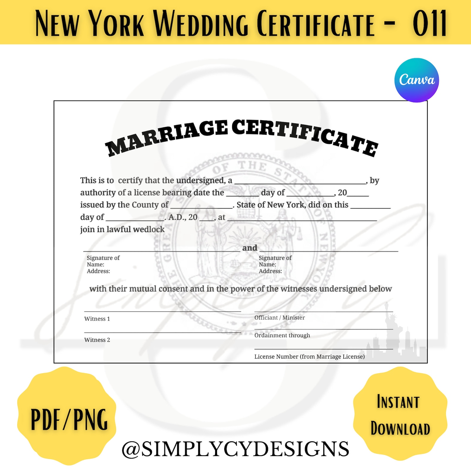 New York Marriage Certificate With Seal and Statue of Liberty Outline ...