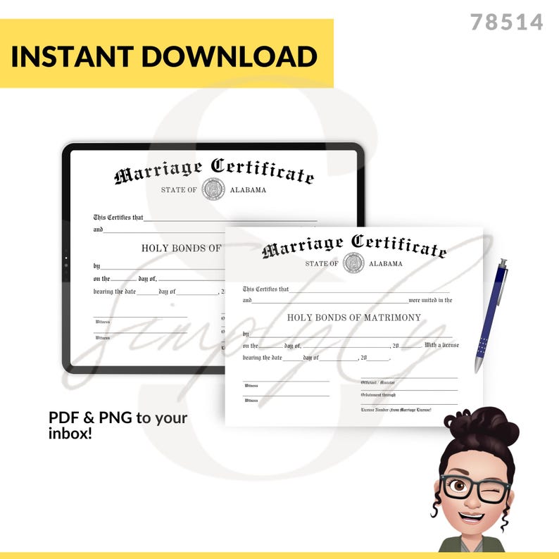 State of Alabama Marriage Certificate | Editable Canva Template | PDF ...