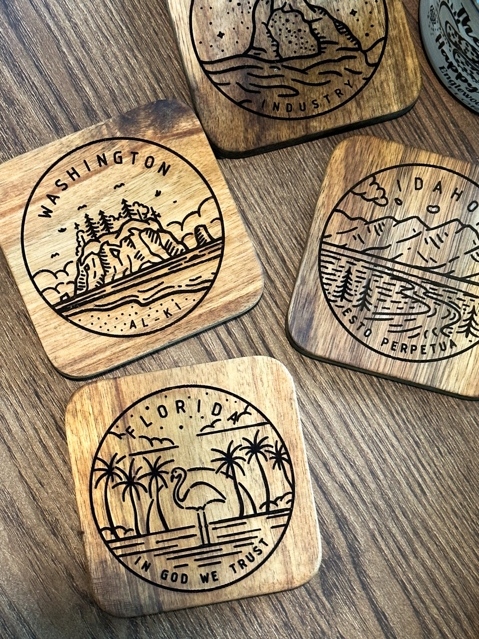 State Engraved Wood Coasters, Personalized Coaster Set, Laser Engraved ...