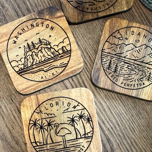 State Engraved Wood Coasters, Personalized Coaster Set, Laser Engraved ...