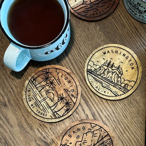 State Engraved Wood Coasters, Personalized Coaster Set, Laser Engraved ...