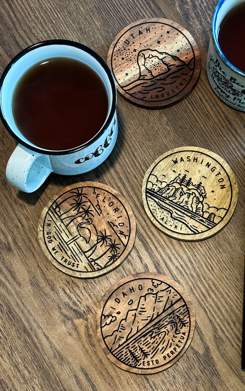 State Engraved Wood Coasters, Personalized Coaster Set, Laser Engraved ...