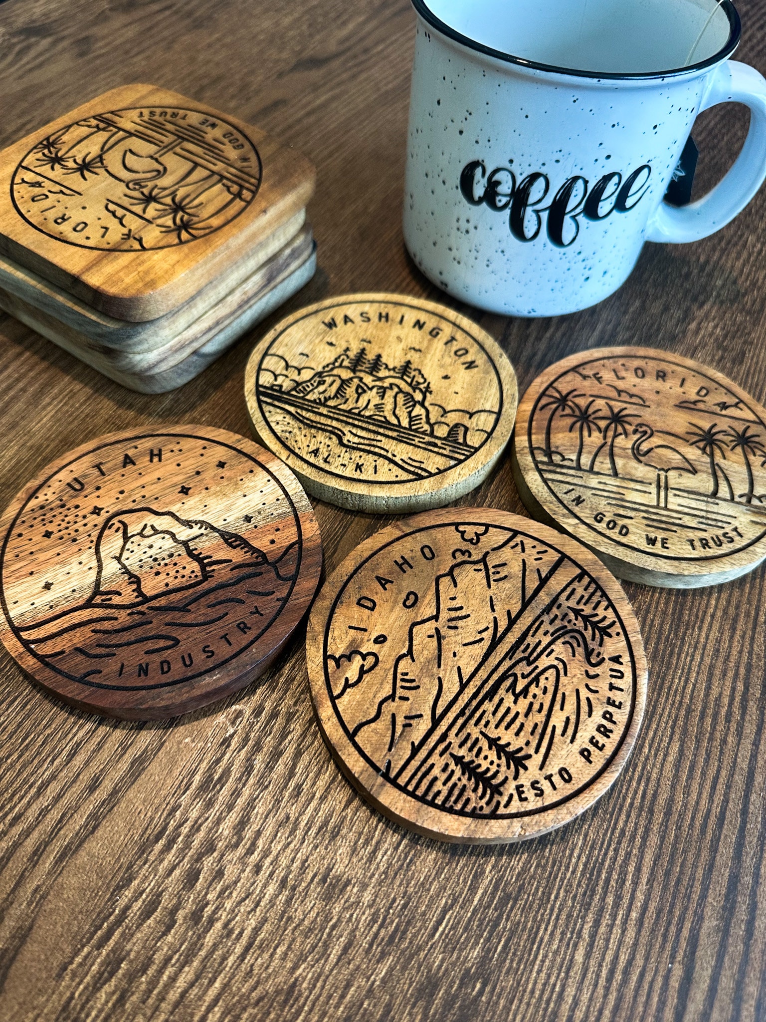 State Engraved Wood Coasters, Personalized Coaster Set, Laser Engraved ...