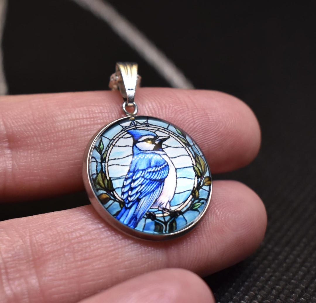 Blue Jay / Bluebird Charm Necklace – Long Pendant With Glass Dome ...