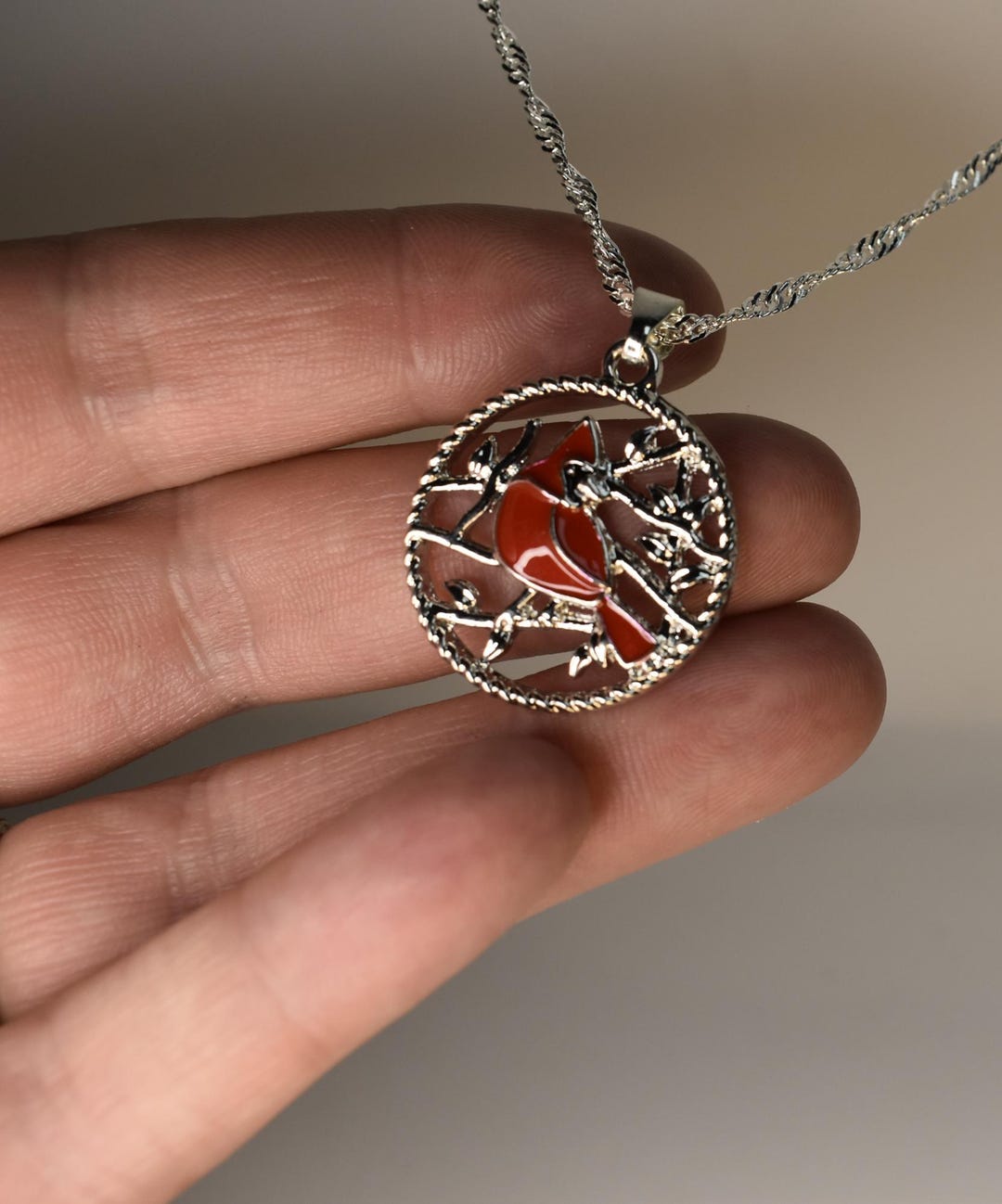 Cardinal Charm Necklace - Silver - Red - Long Chain - Loved One - Birds ...